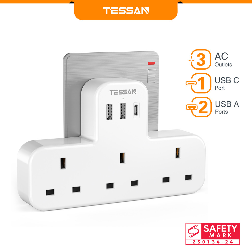 TESSAN Multi Plug Extension with USB+Type C,6 in 1 Powert Socekt ...