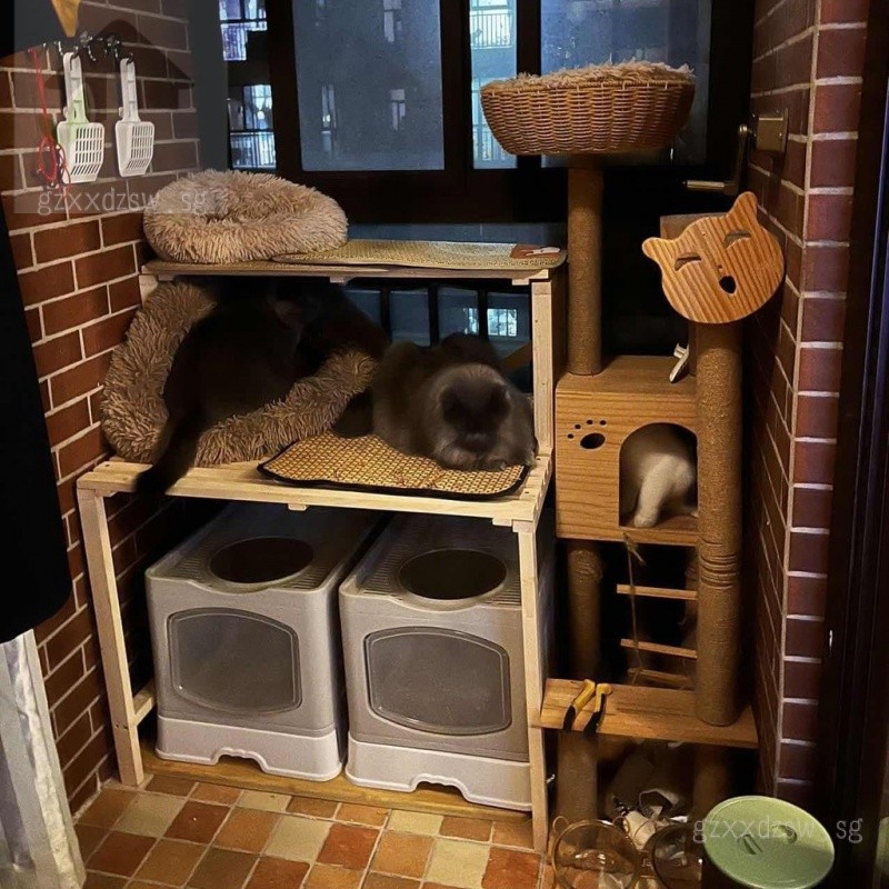 Solid Wood Litter Box Storage Rack Multi-Layer Cat Climbing Frame Pet ...
