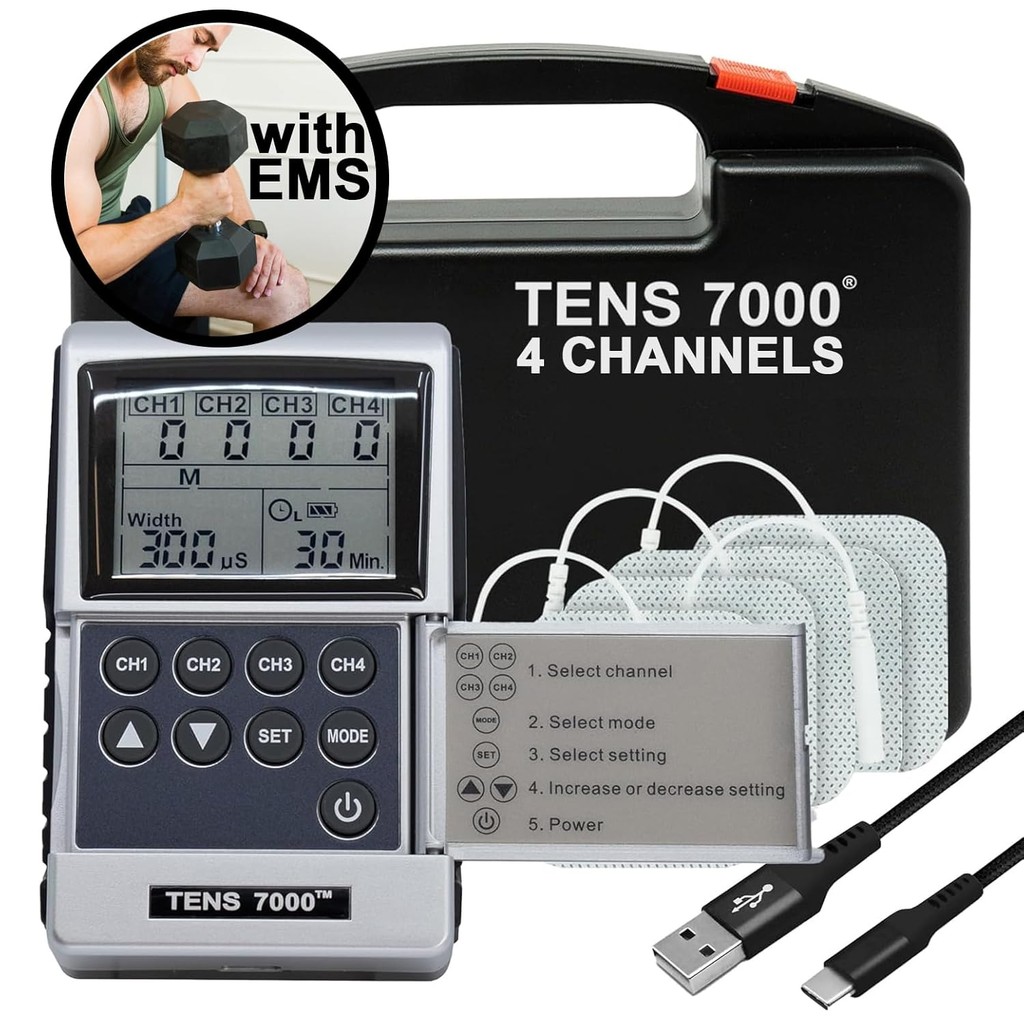 TENS 7000 Pro Rechargeable Tens Unit Muscle Stimulator, 4 Channels ...
