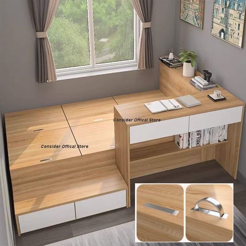 Tatami Bed Desk Integrated Storage Cabinet Bed With Drawer Study Desk ...