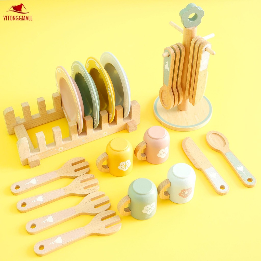 Kid Wooden Dinnerware Toy Set Safe Wood Kids Kitchen Playset Funny ...