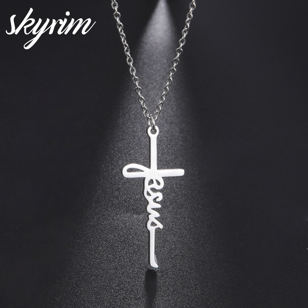 SKYRIM Golden Jesus Cross Necklace+Thin Cross Chain Women's Necklace ...