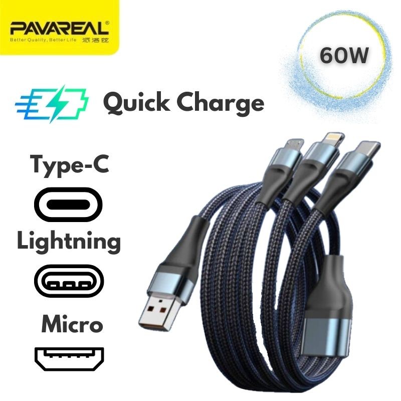 PAVAREAL 60W PD Super Fast 3 IN 1 Charge Type-C Micro 6A Charging Phone ...
