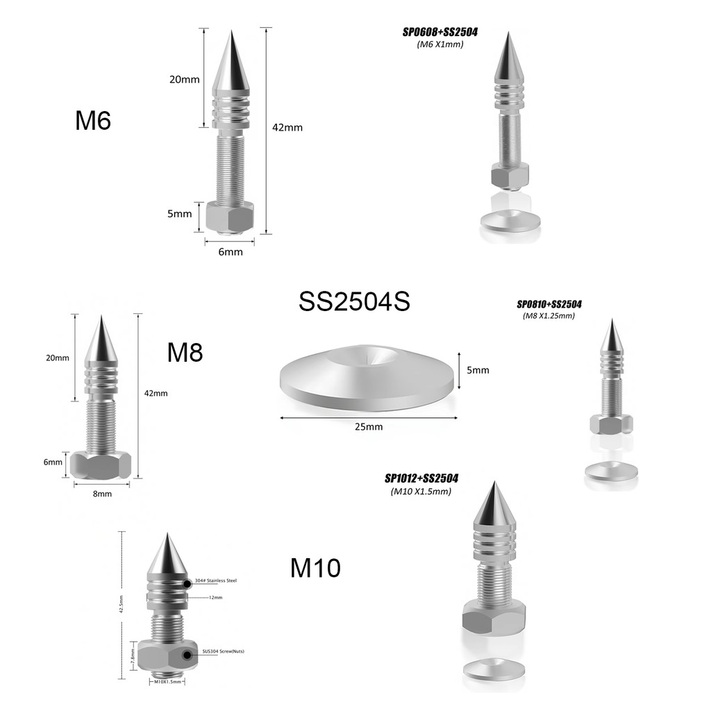M6 M8 M10 High-End Threaded Stainless Steel Speaker Spikes Adjustable ...