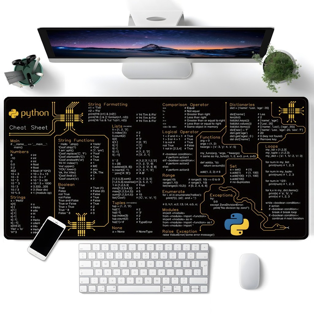 Python Commands Shortcuts Mouse Pad 31.4x11.7x0.07 inch Extended Large Cheat Sheet Mousepad PC ...