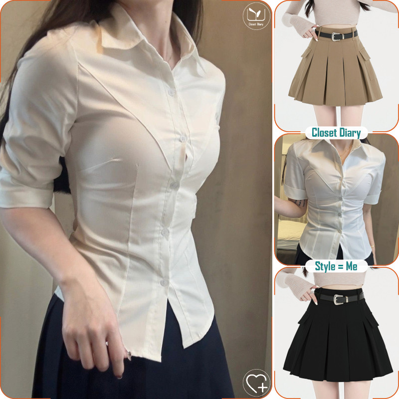 JK Style Outfit Pleated Skirt + White Blouse Office & School Aesthetic ...