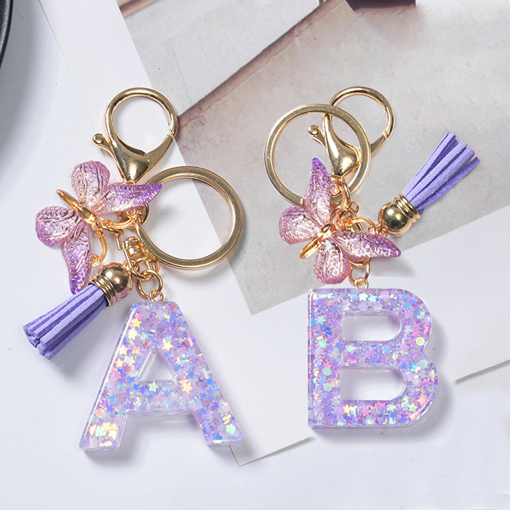 Fashion Purple Color A-Z Initial Key Ring Lovely Butterfly Tassel ...