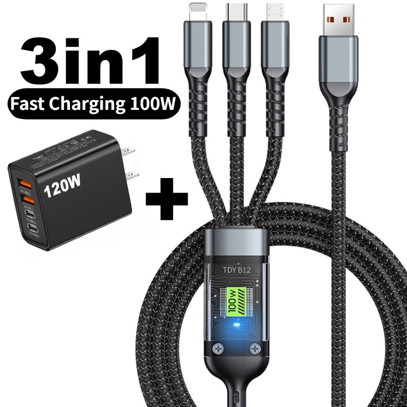 100W+120W 3 in 1 Super Charging Cable 6A Micro USB Type C Fast Charger ...