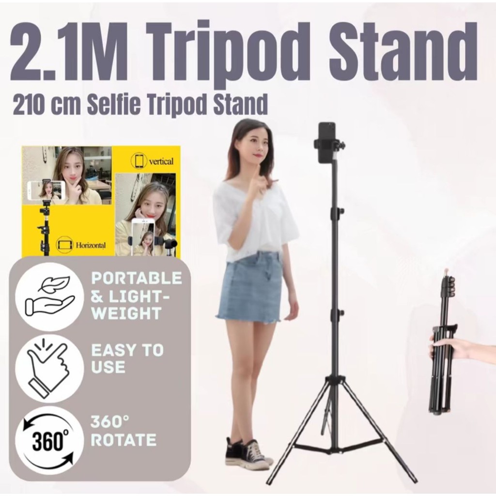 Portable 210cm Tripod for Phone Adjustable Floor Stand Live Camera Selfie Holder 2.1m + Remote ...