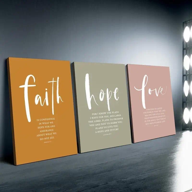 Wooden Framed Canvas Poster Set of 3 Faith Hope Love Bible Verse Art ...