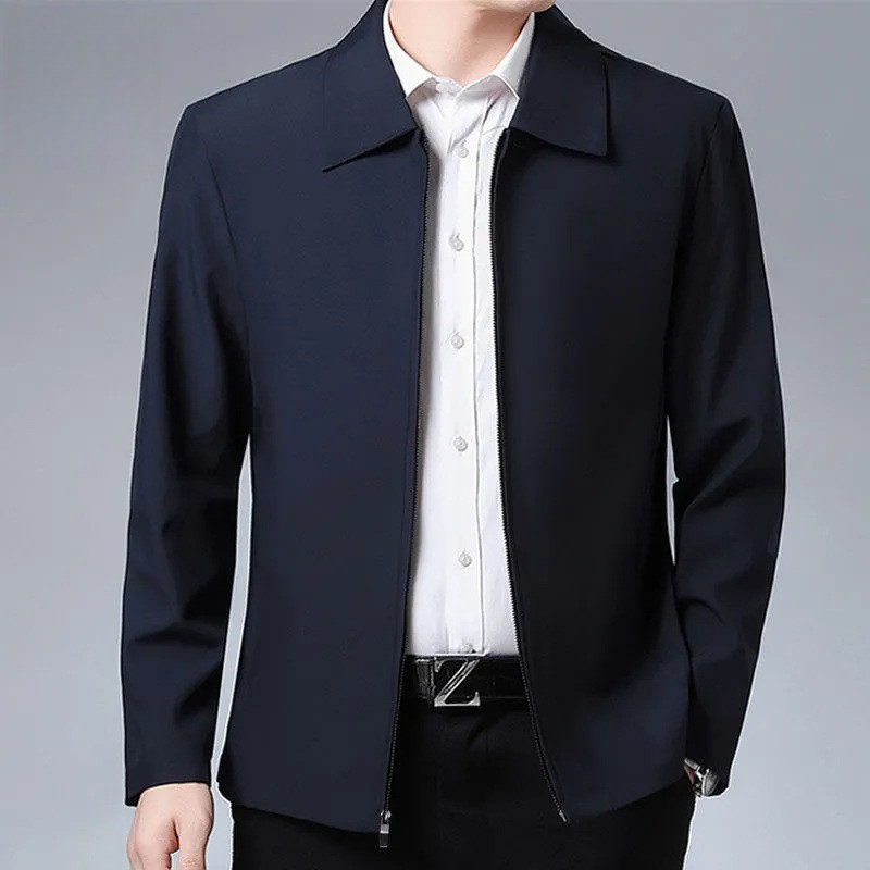 Men's Business Jacket Zipper With Collar Coat Casual Long Sleeved Retro ...