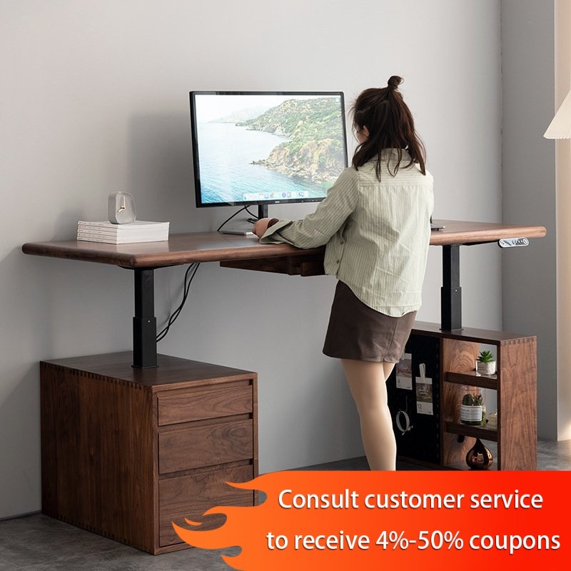Nordic Solid Wood Electric Lifting Desk Black Walnut Wood Computer Desk ...