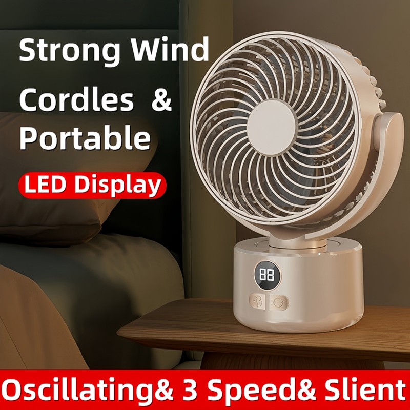 Desk Fan Rechargeable USB 10,000mAh Battery LED Silent Portable Table ...