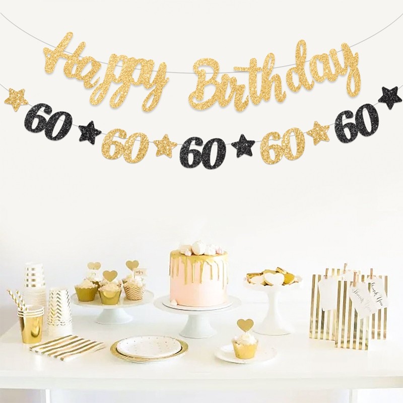 22pcs 60 Years Old Black Gold Happy Birthday Banner 60Th Birthday ...