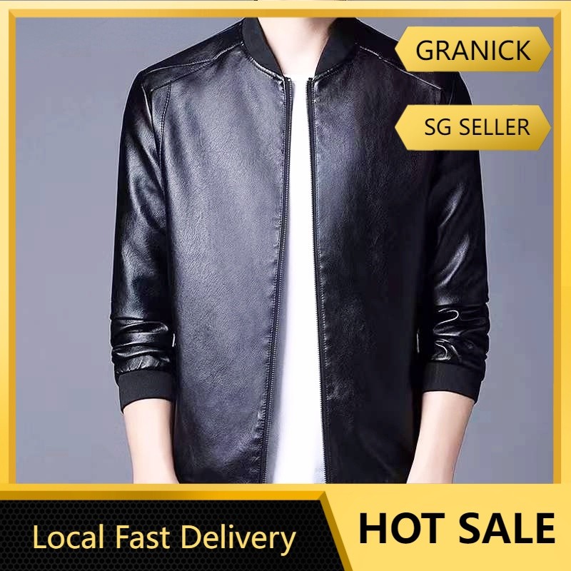 SG STOCK Men's Leather Jacket Stand Collar PU Leather Jacket Men's ...