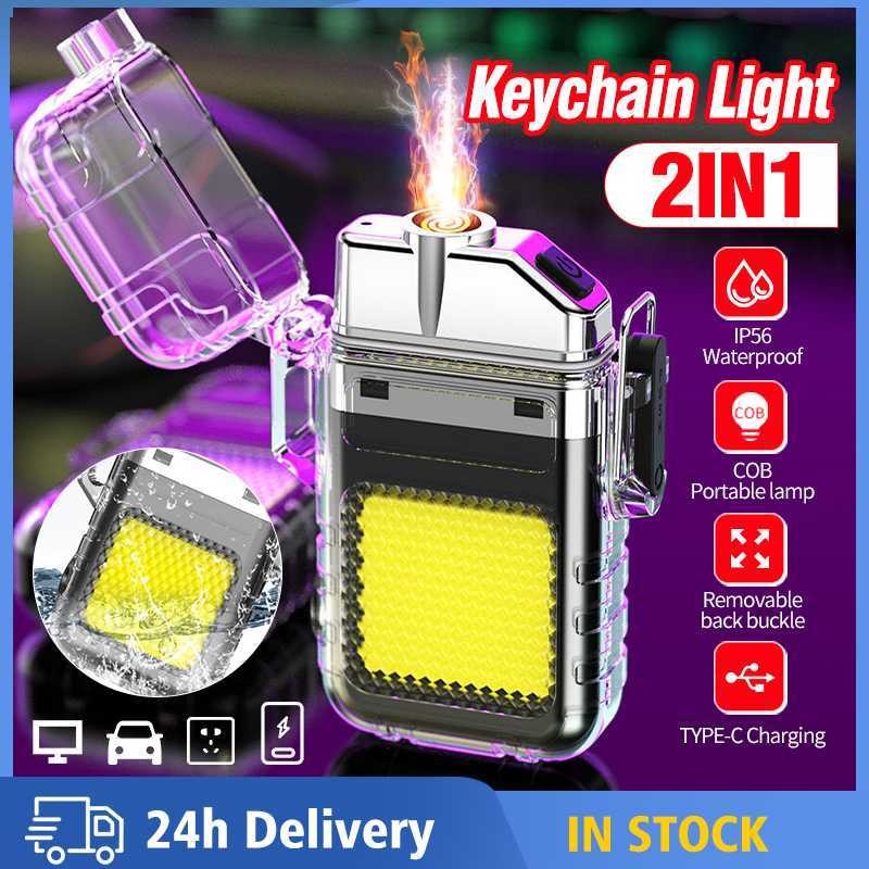 🥫Mini Keychain Light COB 2 in1 Flashlights Lighter Rechargeable Lampu ...