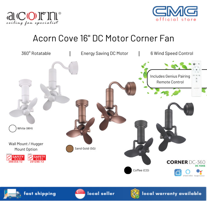 Acorn DC360 16" Smart Corner Fan with 360-Degree Oscillation + Remote ...