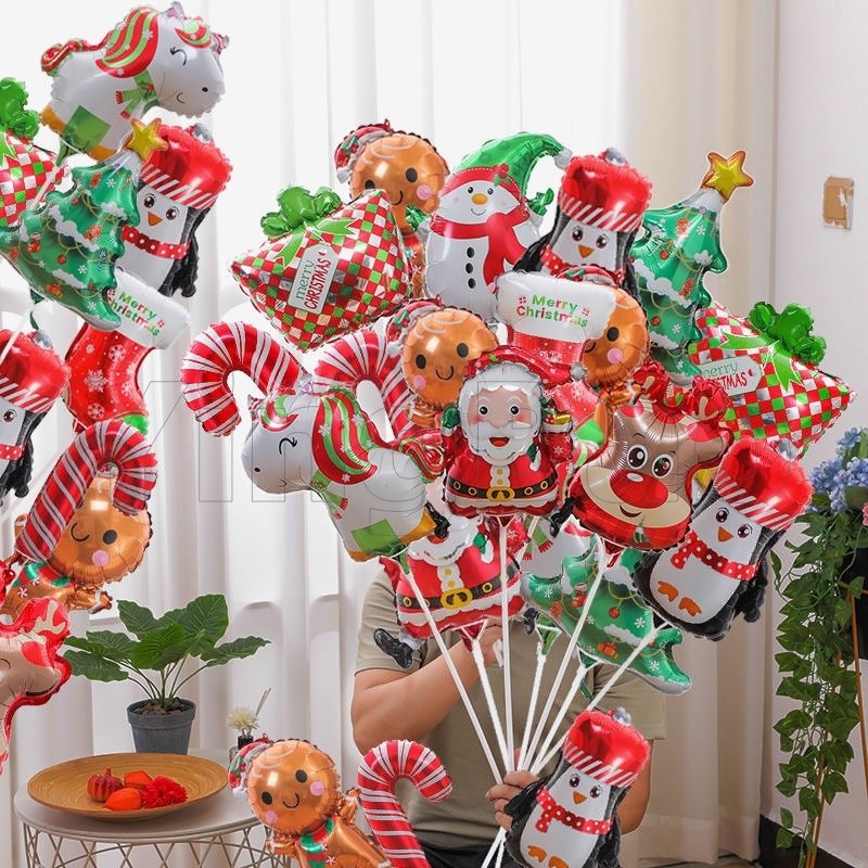10pcs Mini Christmas Foil Balloon with 10sets 40cm Plastic Poles Santa ...