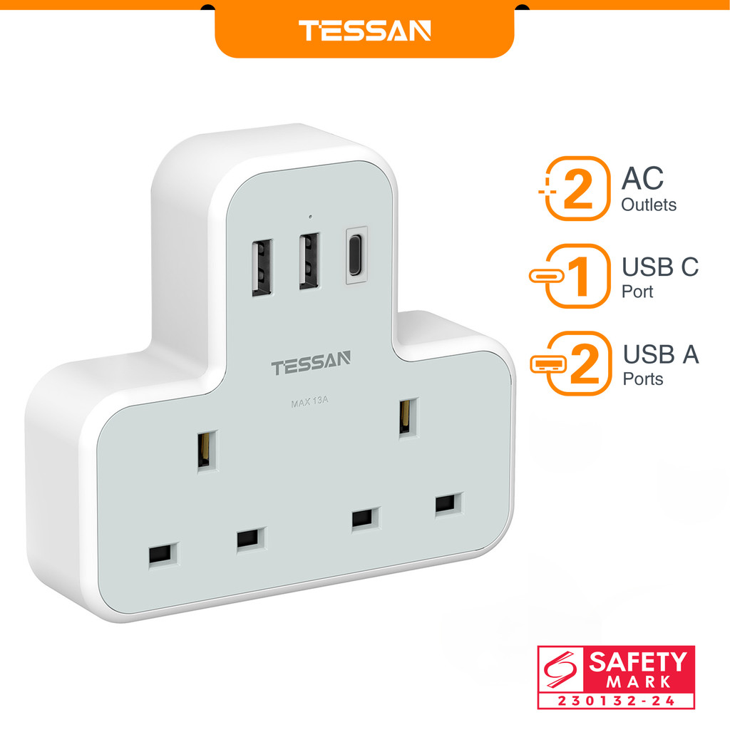 TESSAN Extension Plug Socket with USB+Type C,Mini Dual Plug Adapter ...