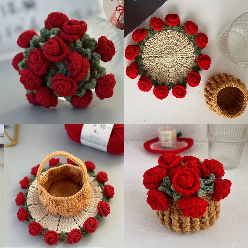 Crochet Rose Flower Handwoven Artificial Multi-function Handmade Flower ...