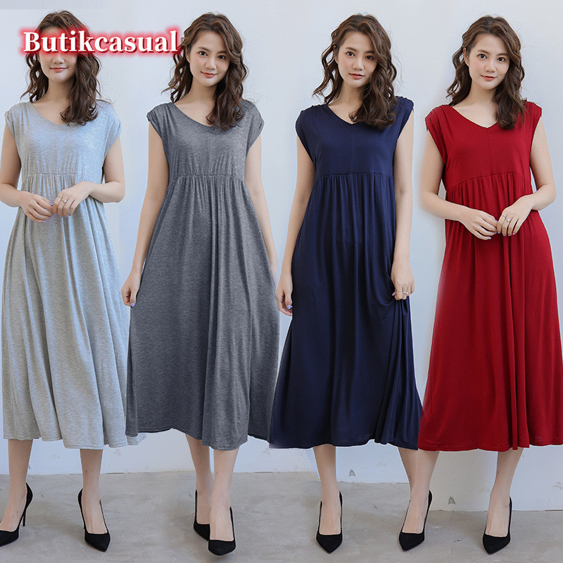 Women modal Maxi Dresses sleeveless plus Dress V-neck plain loose woman ...