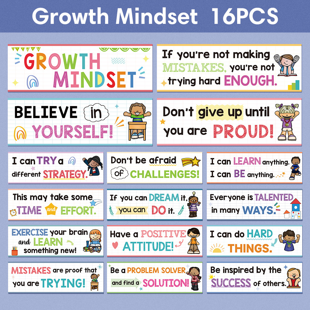 16 Pcs Classroom Growth Mindset English Posters for Kids Homeschool ...