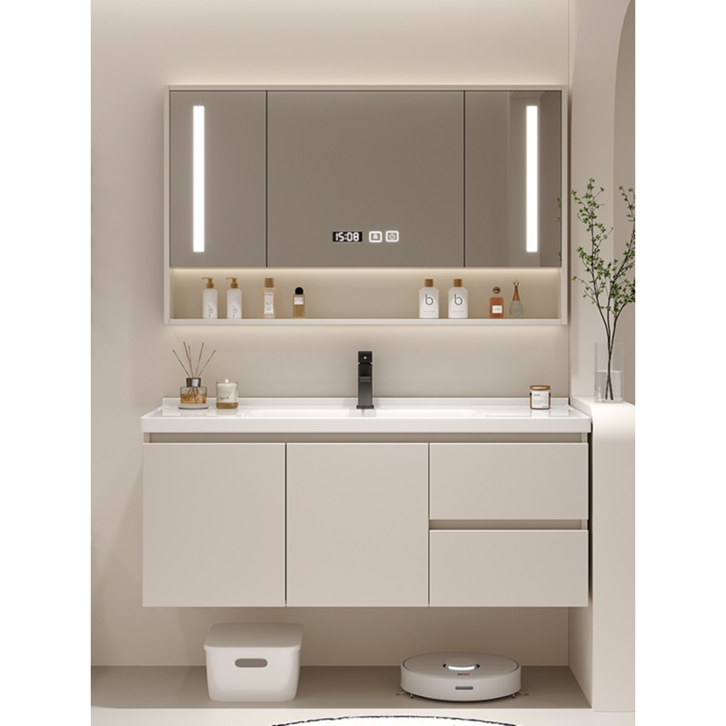 Cream-colored Ceramic Integrated Basin Bathroom Cabinet Set Solid Wood ...