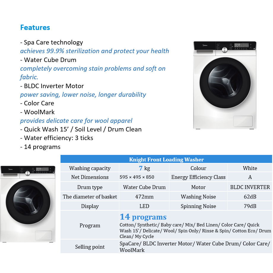 MIDEA MFK768W 7KG INVERTER FRONT LOAD WASHING MACHINE + ELBA EBD 781H ...