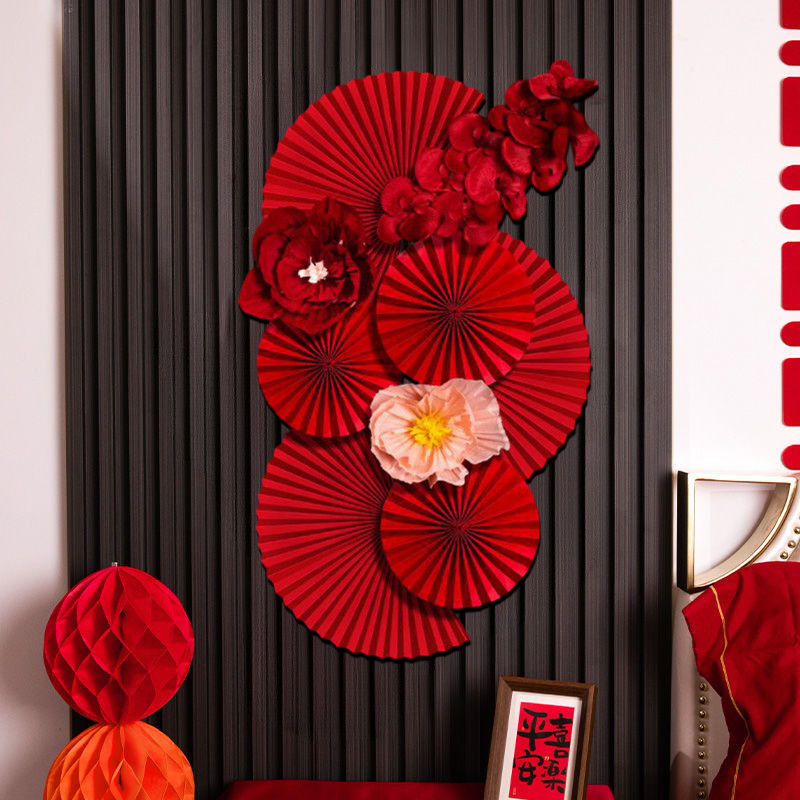 Wedding Red Pleated Fans Stickers Chinese Pearl Wall Hangings Wedding ...