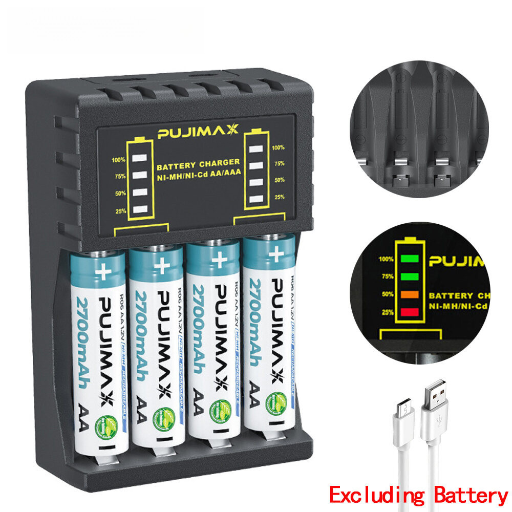 AA/AAA Battery Charger 4 Slots Intelligent LED Indicator USB C Micro ...