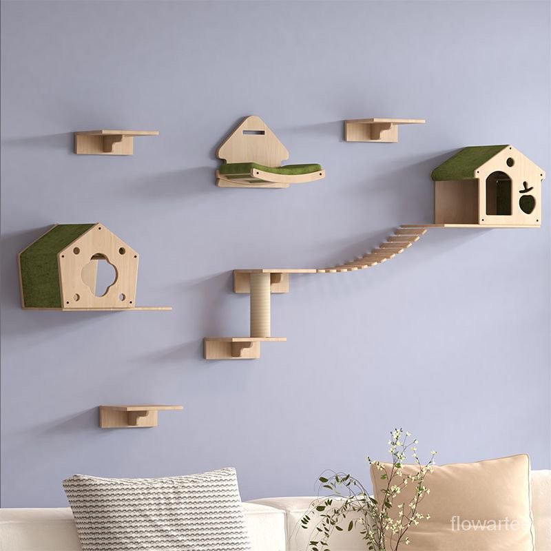 Solid Wood Wall-Mounted Cat Climbing Frame Wall Cat Nest Ladder Jumping ...