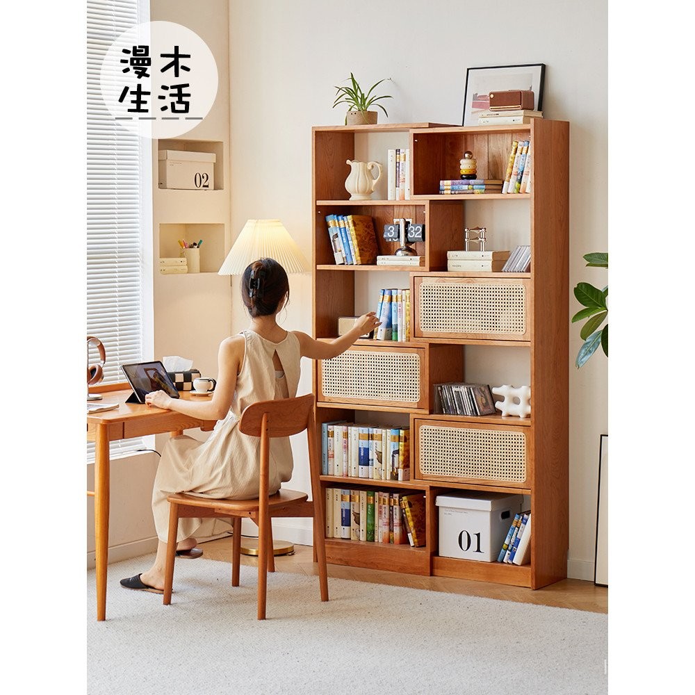 Manmu Life Solid Wood Extendable Bookshelf Cherry Wood Living Room Full ...