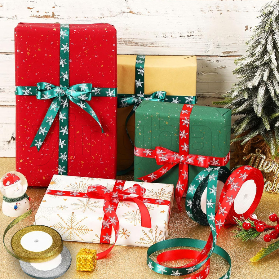 22Meters Christmas Snowflake Ribbons for Gift Wrapping, 10mm Wide Red ...