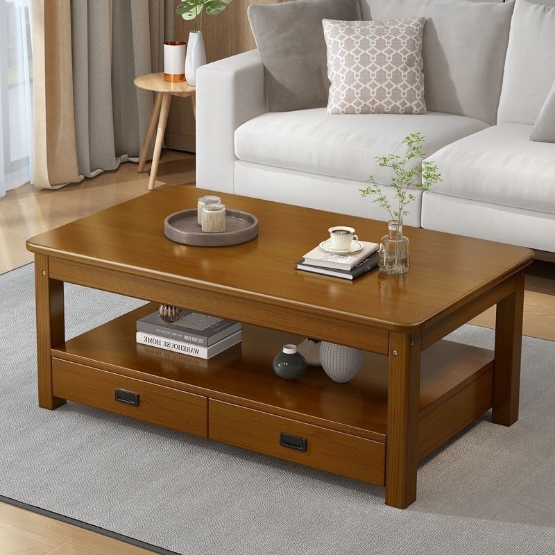 Solid Wood Tea Table with Drawer Living Room Home Simple Modern Log Tea ...