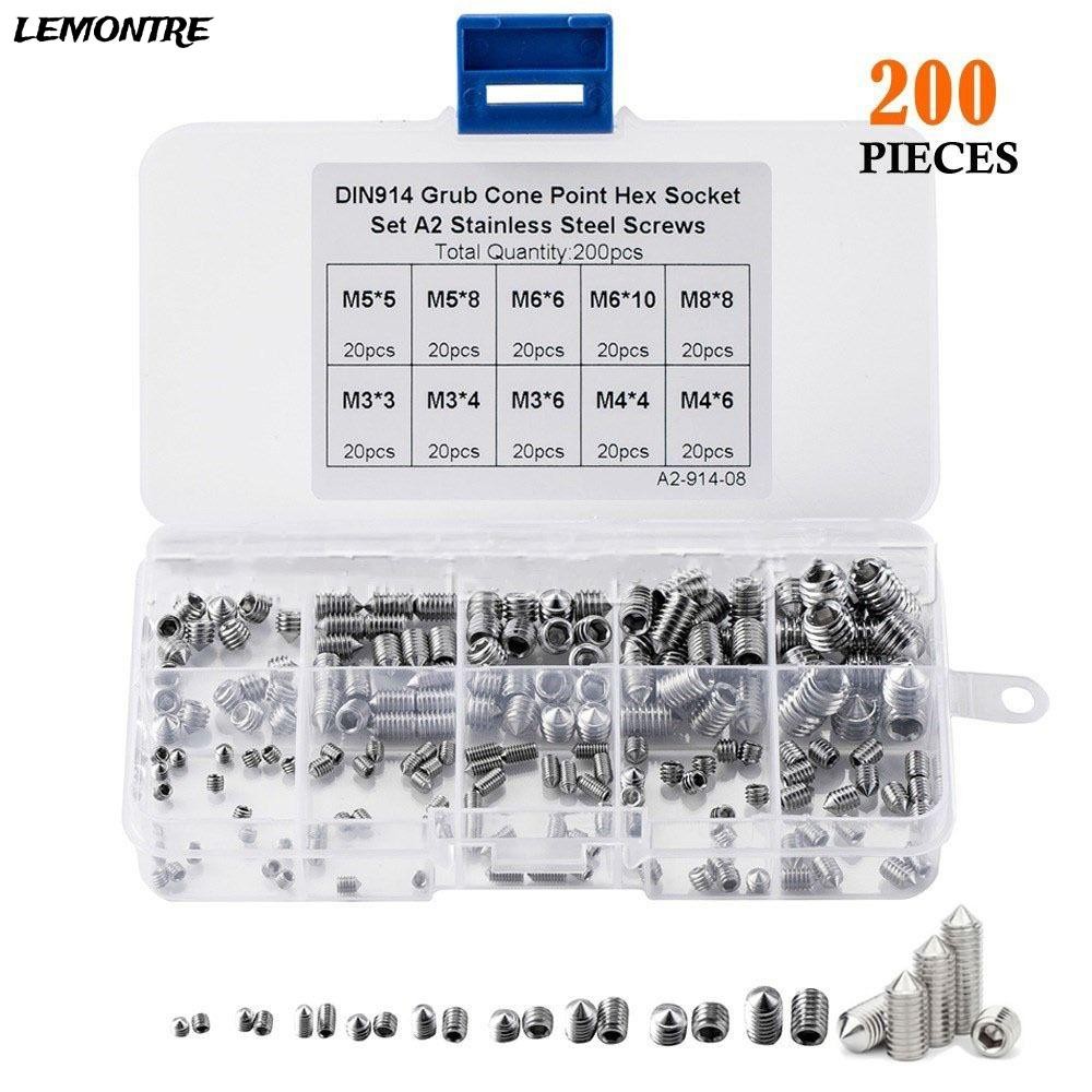 LEMONTRE 200Pcs Set Screws, Cone Point M3 M4 M5 M6 M8 Allen Head Socket ...
