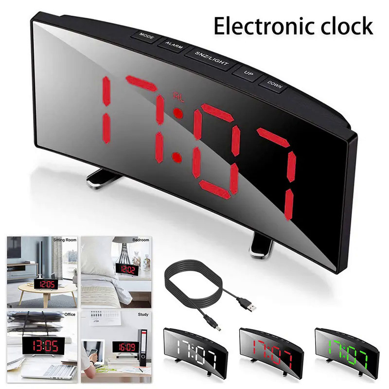 Digital Alarm Clock Curved LED Electronic Digital Desktop Clock Bedroom ...