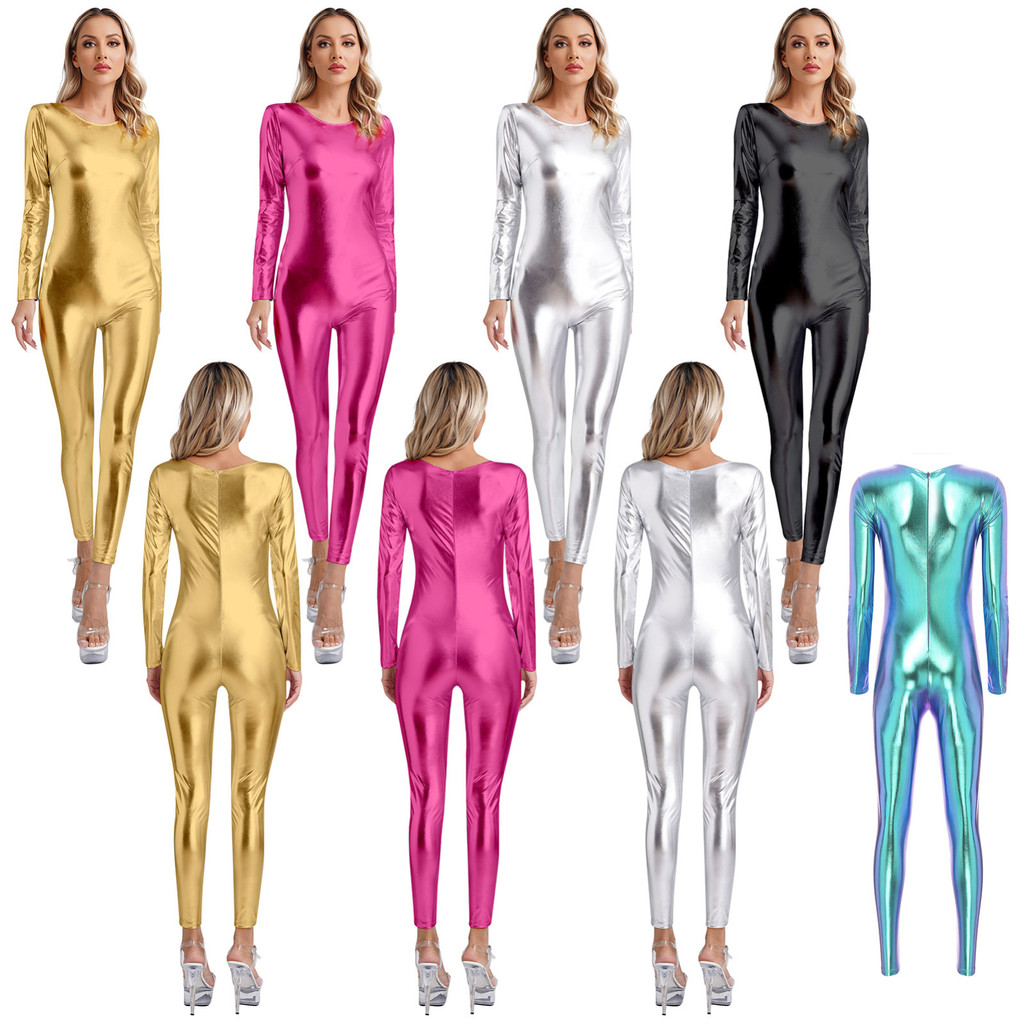 TiaoBug Womens Metallic Shiny Unitard Dancewear Round Neck Long Sleeve ...