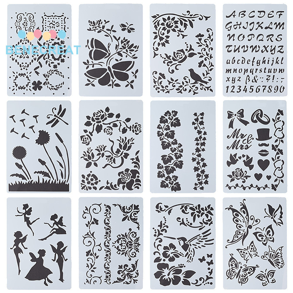 BENECREAT 1Bag 12Pcs 12 Style Plastic Drawing Stencil Hollow Hand ...