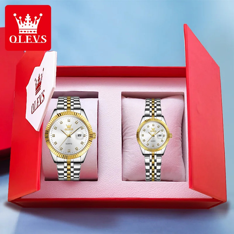 OLEVS 5526 Luxury Gold Diamond Couple Quartz Watch Waterproof and ...