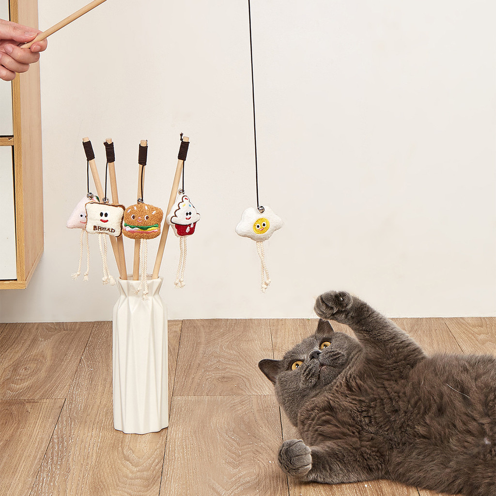 Cat Toy Stick Pole Cat Teaser Stick Rod Toys Wooden Handle With Sisal ...