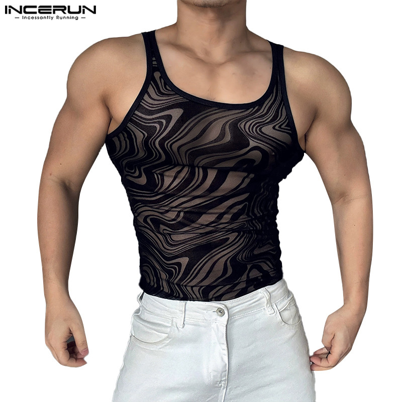 INCERUN Men's Fashion Perspective Sexy Water Ripple Jacquard Sleeveless ...