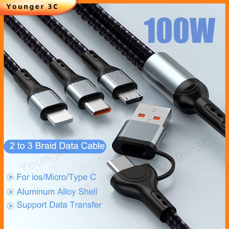 2 to 3 Aluminum Alloy Shell Braid Data Cable PD100W Super Fast Charging ...