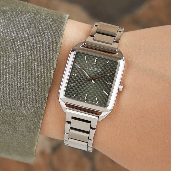 Seiko SWR075P1 Essentials Olive Green Grid Pattern Analog Ladies Dress ...