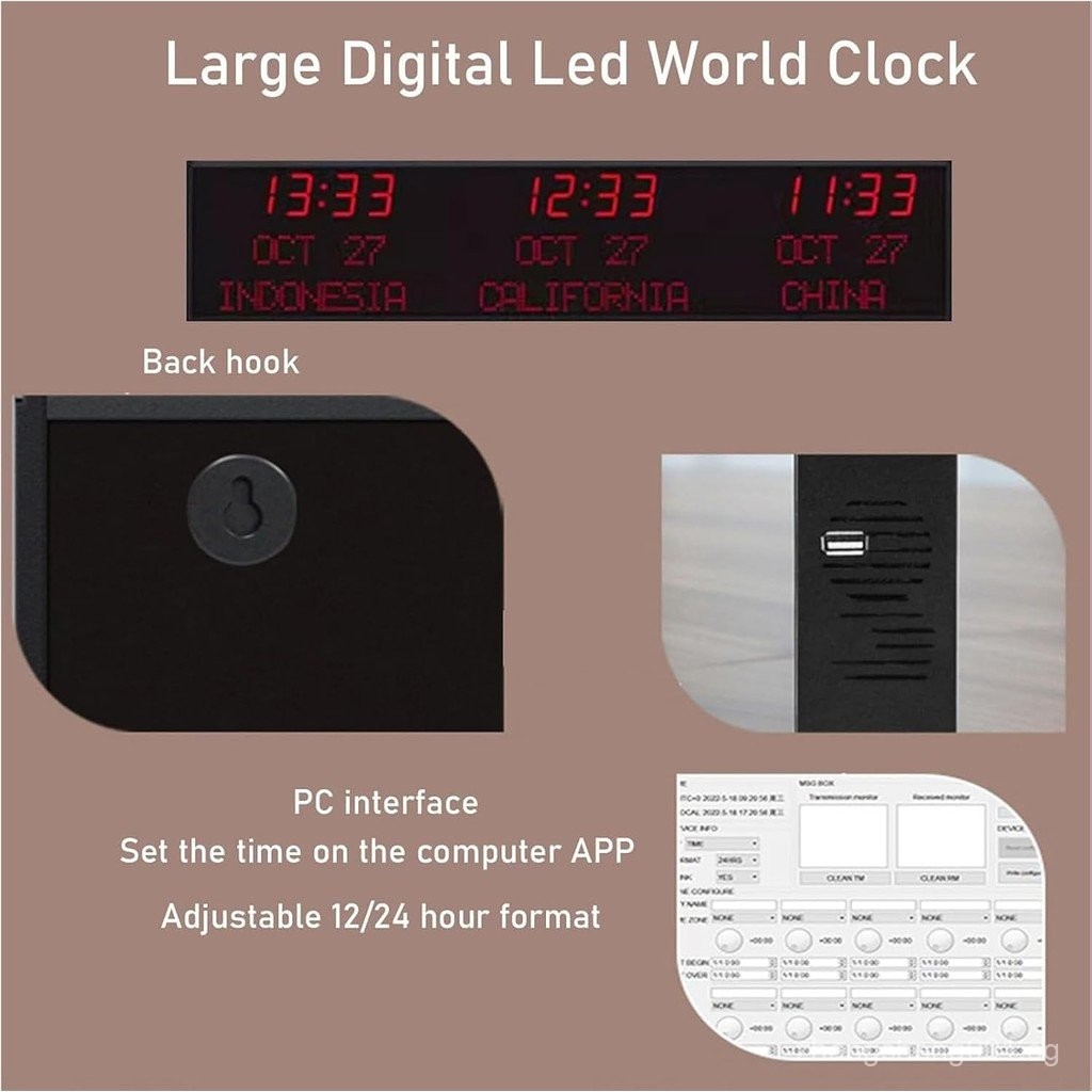 4 time Zones,Large Digital LED World Clock, 3/4/5 Time Zone Wall ...