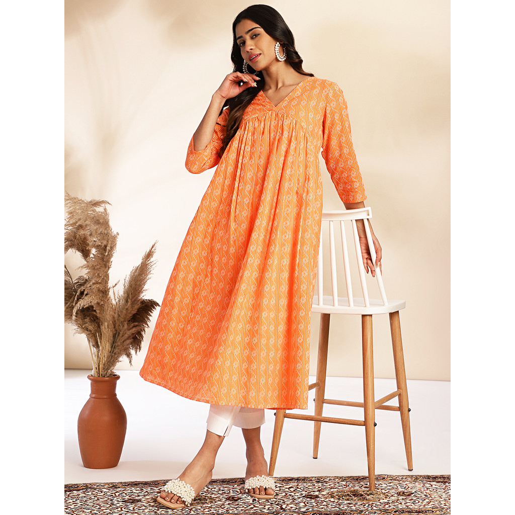 [Indian Women Cotton Kurti] Orange Cotton Woven Design Gathered Kurta ...