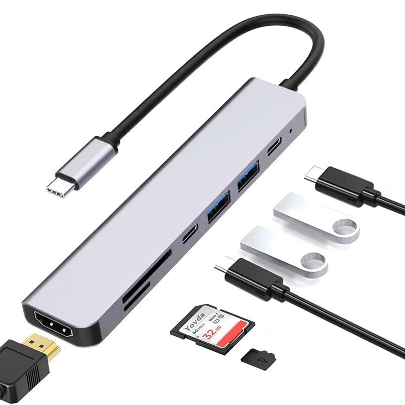 7in1 Type C Hub USB-C Docking Station to HDMI 4K TF SD Reader USB3.0 ...