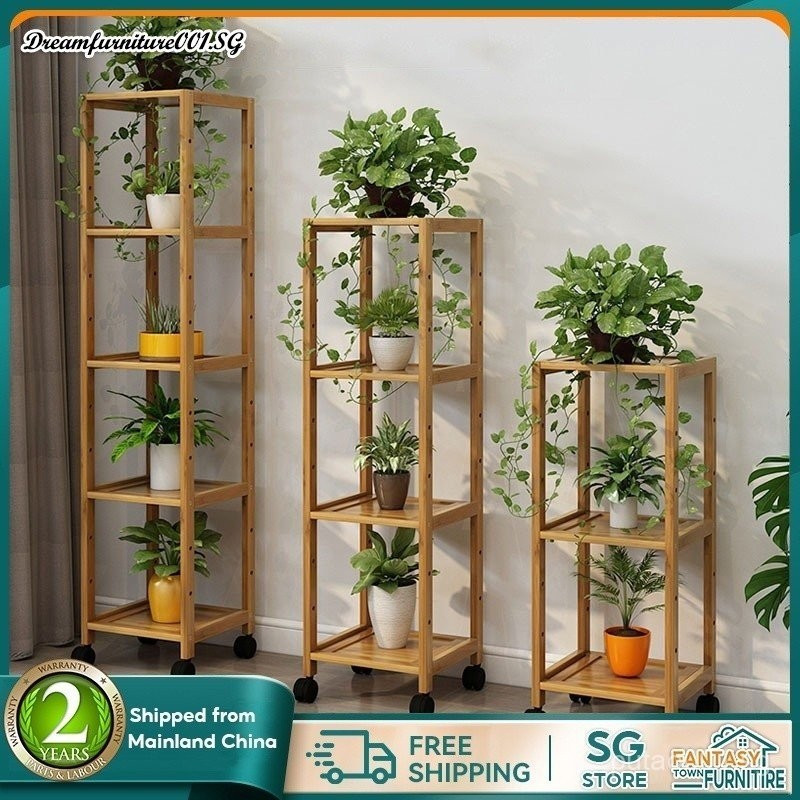 Wooden Plant Rack With Wheels / Multilayer Plant Stand / Floor Flower ...