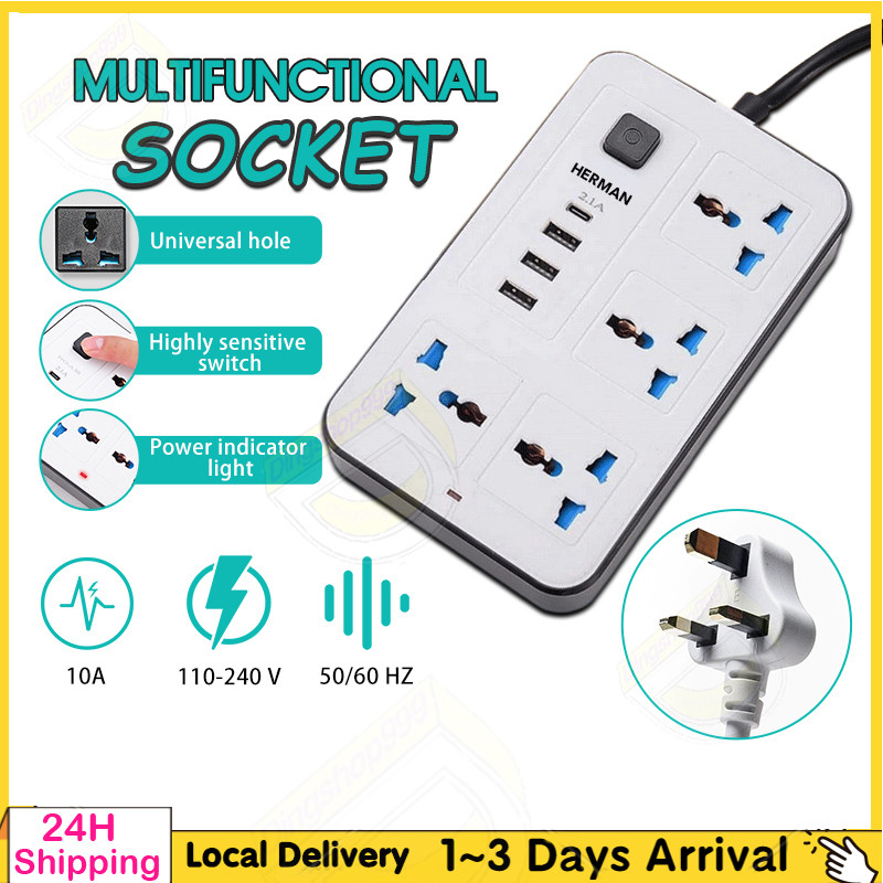 2M Power Socket 4 USB Port 4 Universal Power Strip Extension Plug Power ...