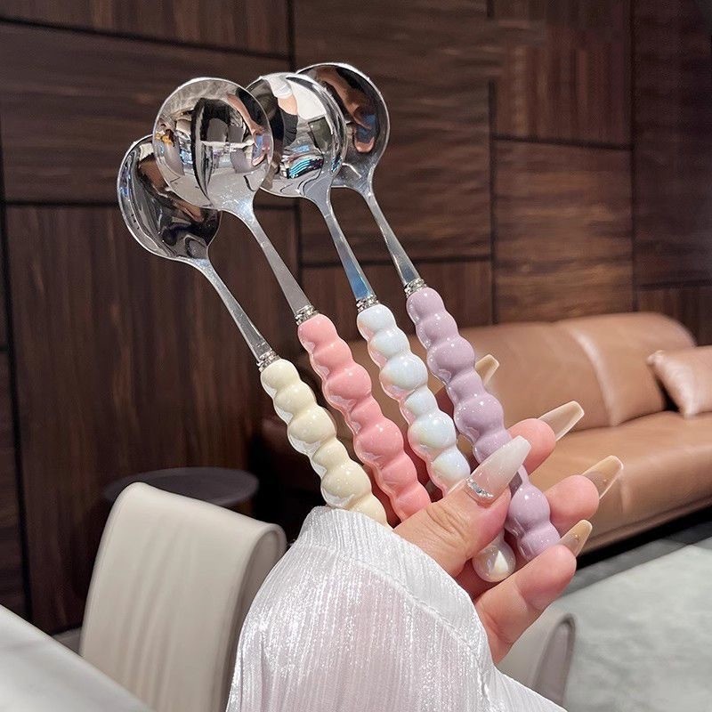 Stainless Steel Round Head Dessert Spoon Light Luxury Pearl Ceramic ...