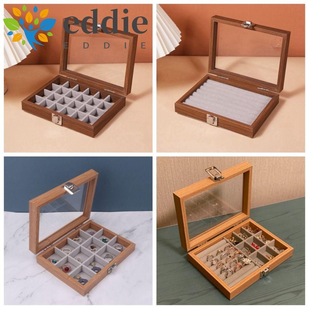 EDIEJ Wooden Jewelry Box, Simple Velvet Jewelry Organizer, Ring Case ...